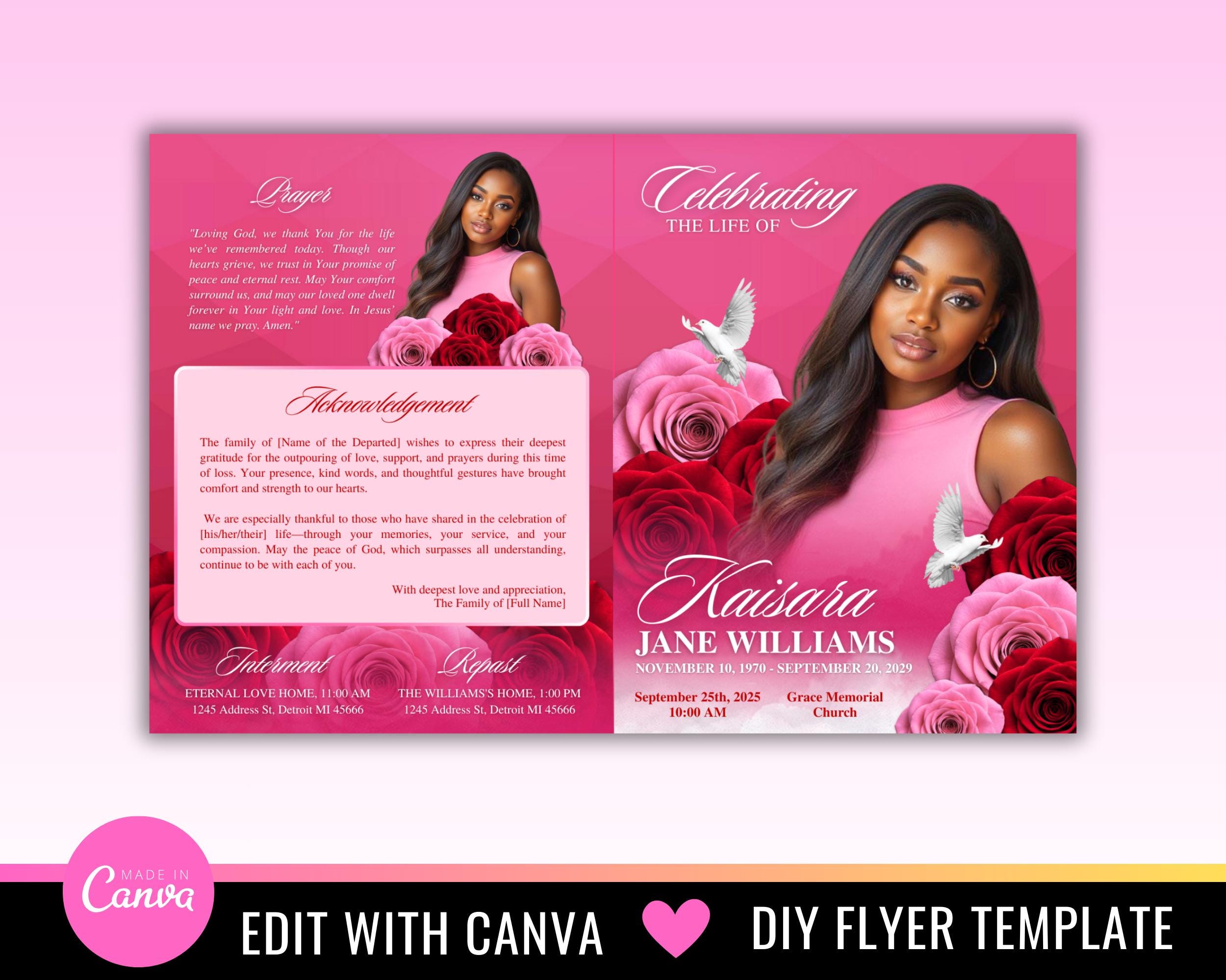 Pink & Red Roses Funeral Program Template: Celebration of Life (canva ...