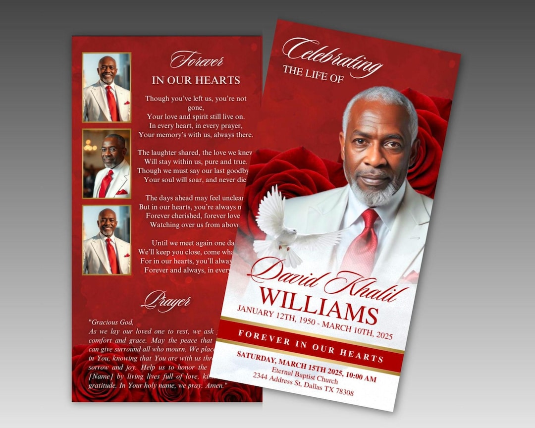 Red Roses Funeral Program Template: Celebration of Life (canva, 17x11 ...