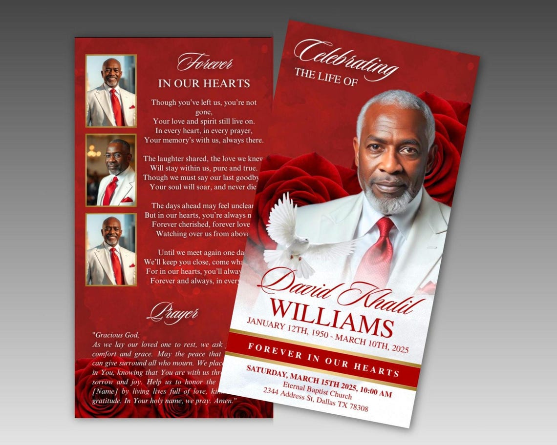 Red Roses Funeral Program Template: Celebration of Life (canva, 17x11 ...