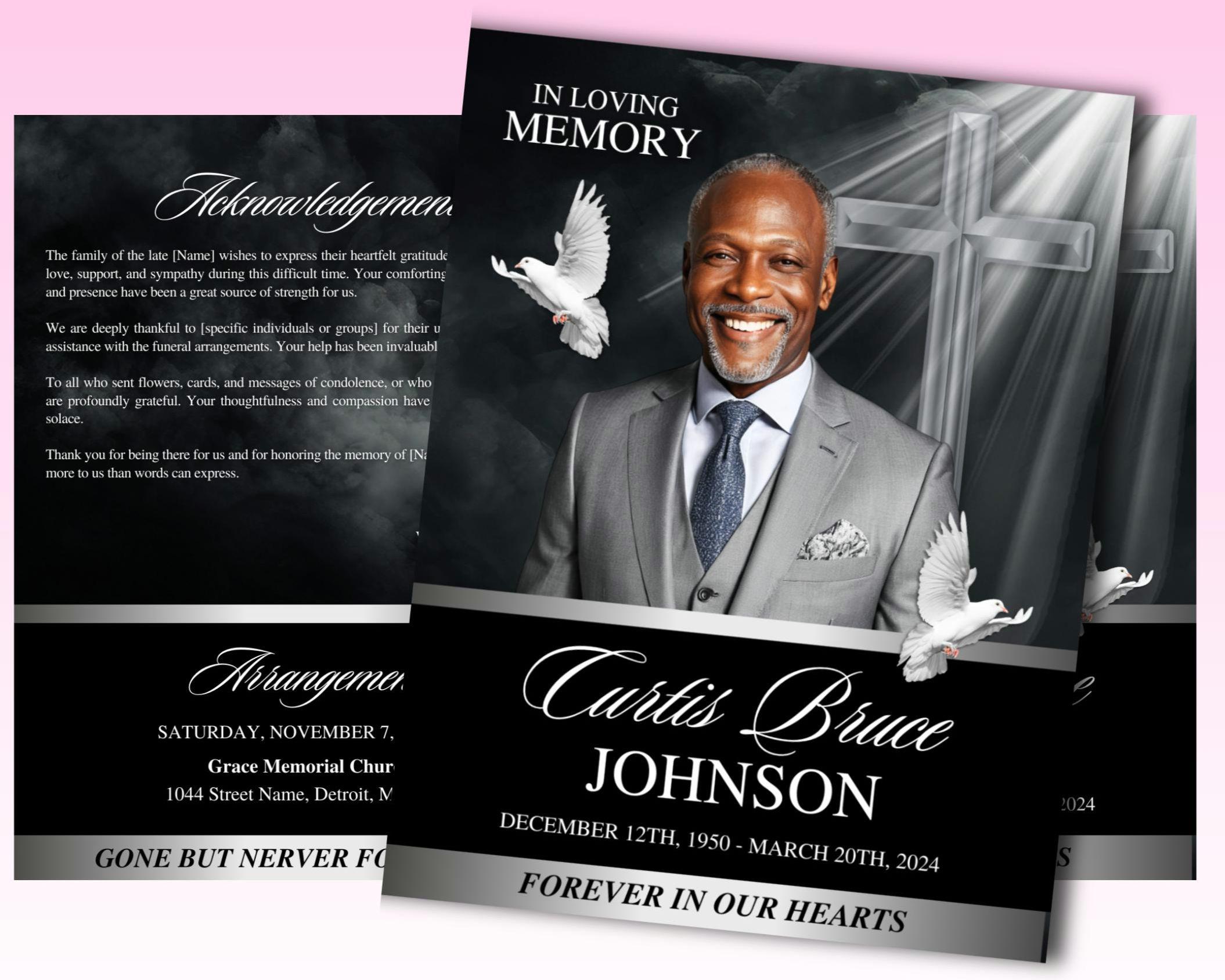 Black & Silver Cross Funeral Program Template (canva, 8 Pages, 17 X 11 ...