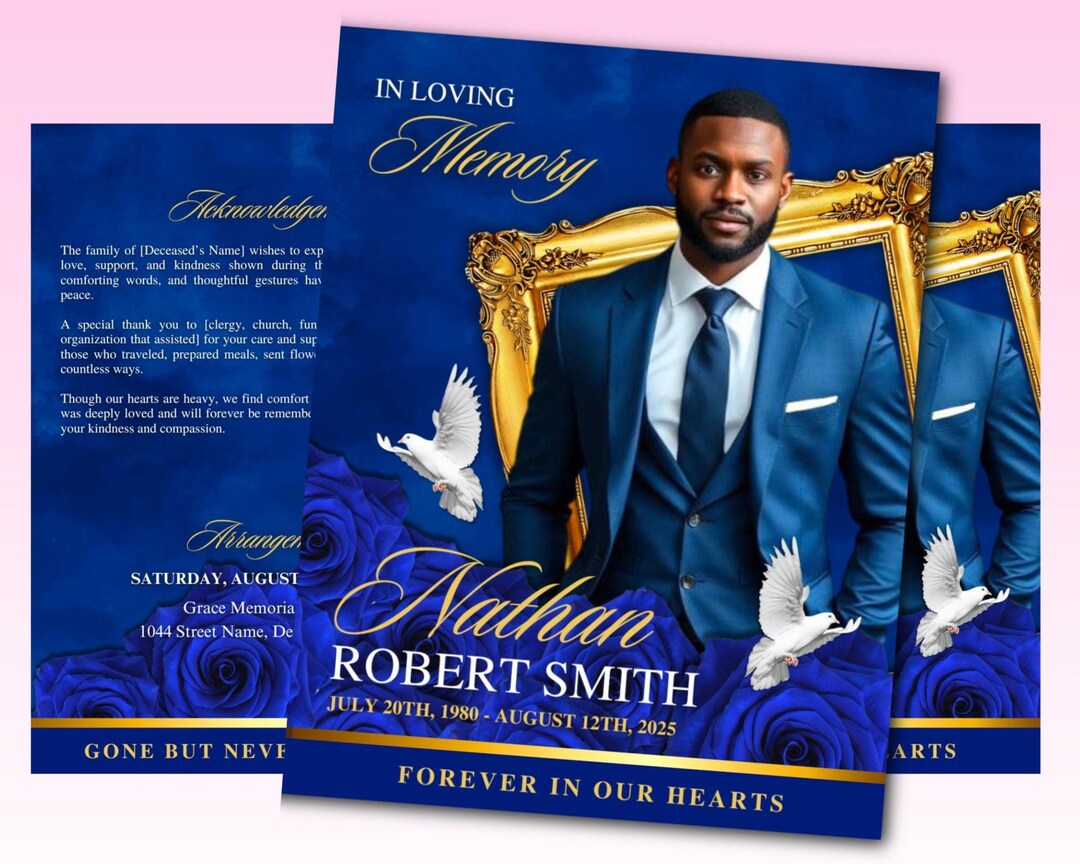 Royal Blue Roses Funeral Program Template: Order of Service Canva ...