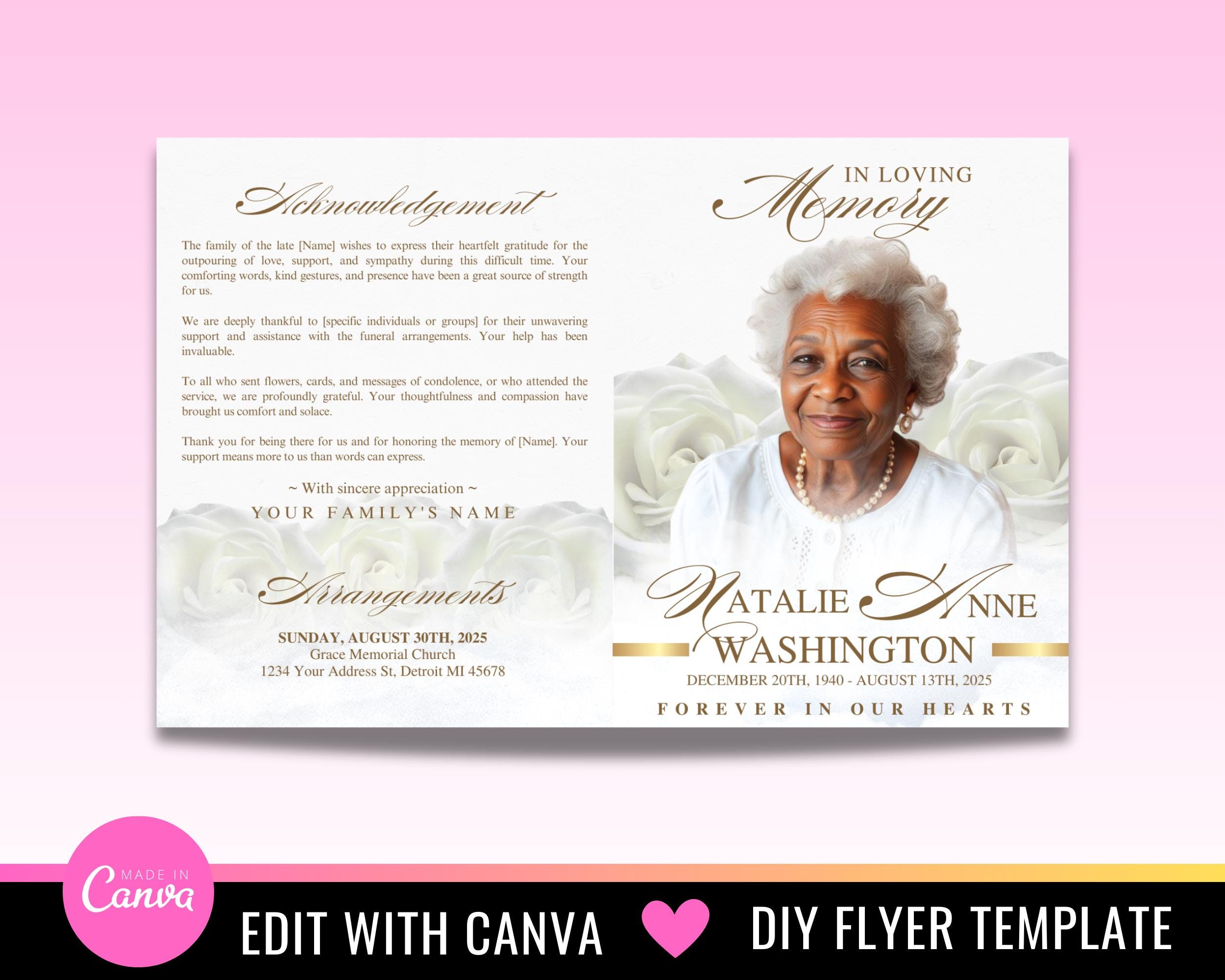 White Roses Funeral Program Template: Gold Accents (canva, 17x11" Bi ...