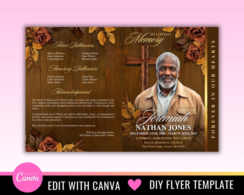 Rustic Brown Floral Funeral Program Template: Celebration of Life ...