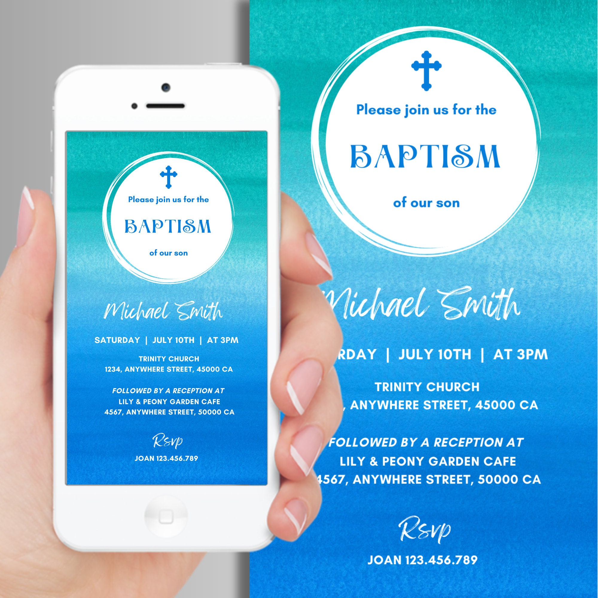 Blue Electronic Baptism Invitation Template Digital Baptism - Etsy