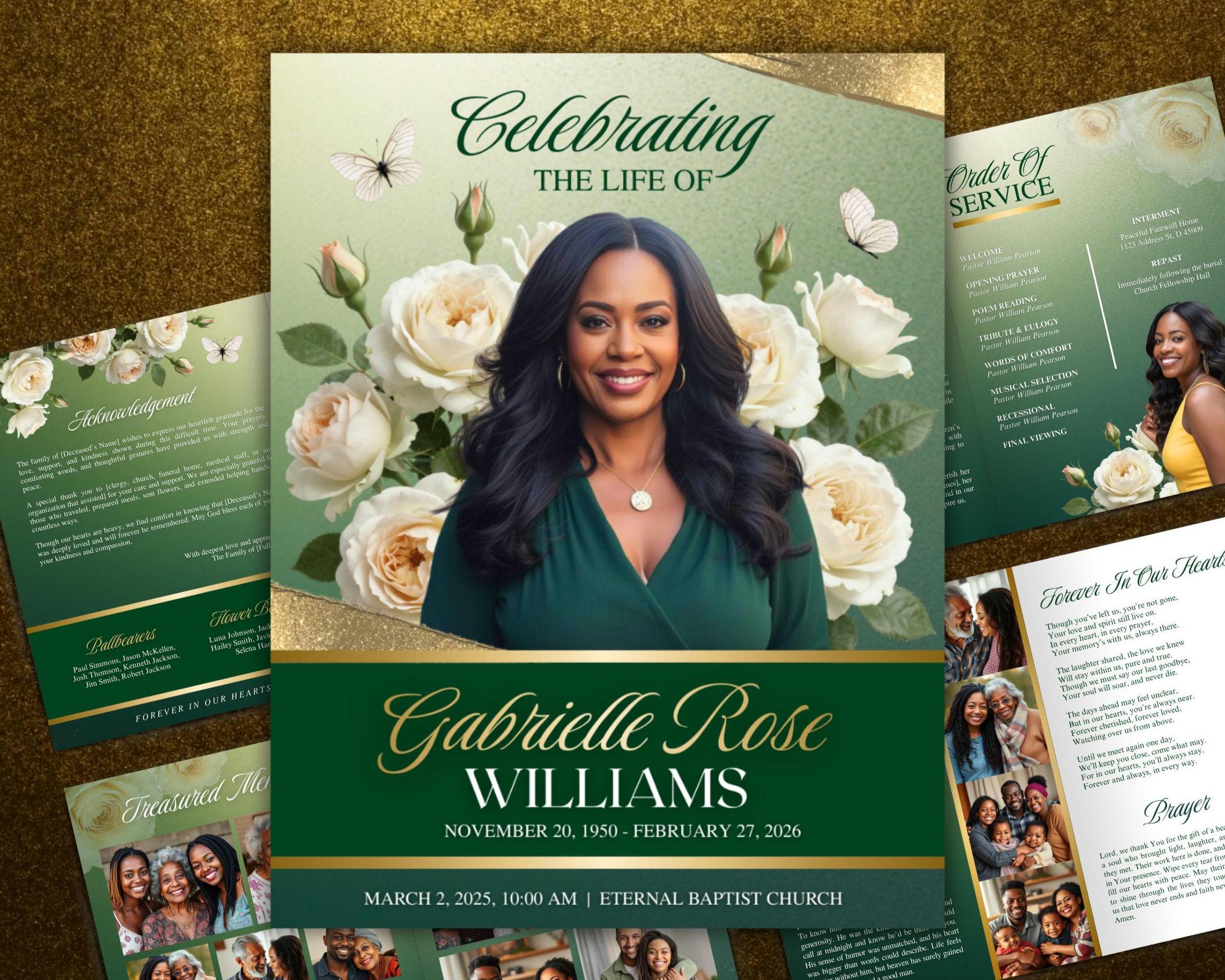 Green With Gold Accent Funeral Program Template: 8-page Celebration of ...