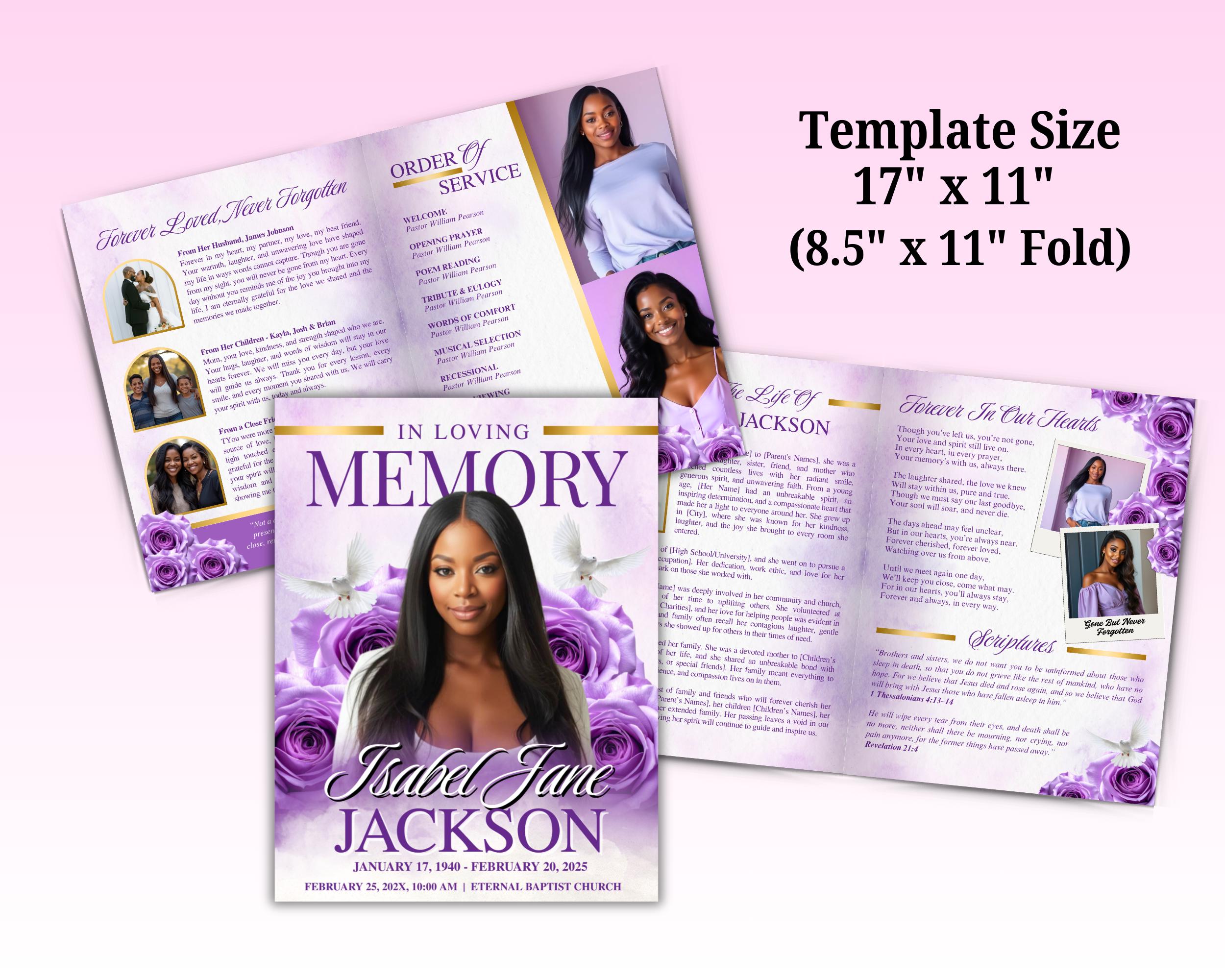 Purple Roses With Gold Accent Funeral Program Template: Obituary ...