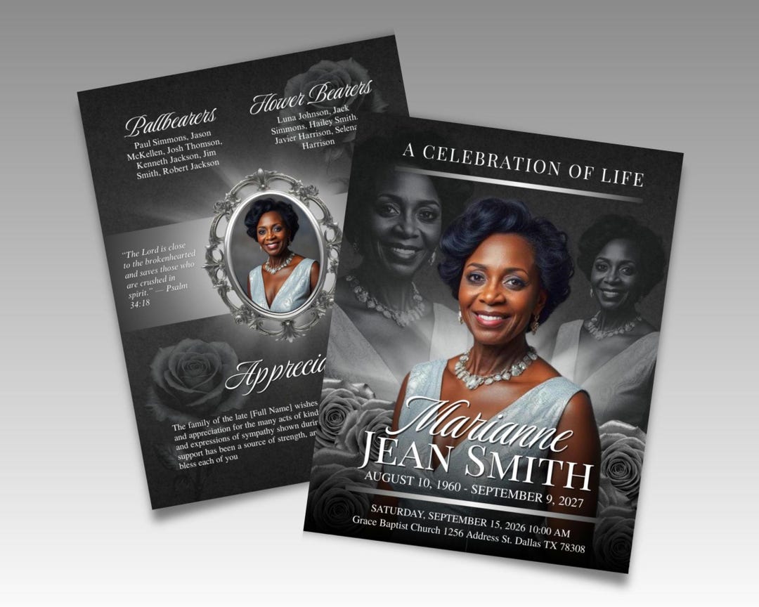 Elegant Black & Silver Funeral Program Template: Obituary Booklet ...