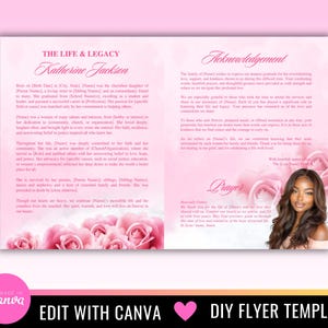 Pink Roses Funeral Program Template: Celebration of Life (canva ...