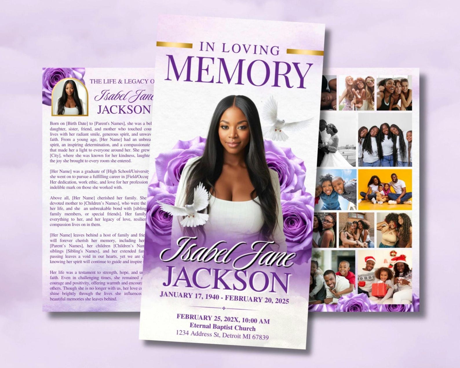 Purple Trifold Funeral Program Template: Memorial Order of Service ...