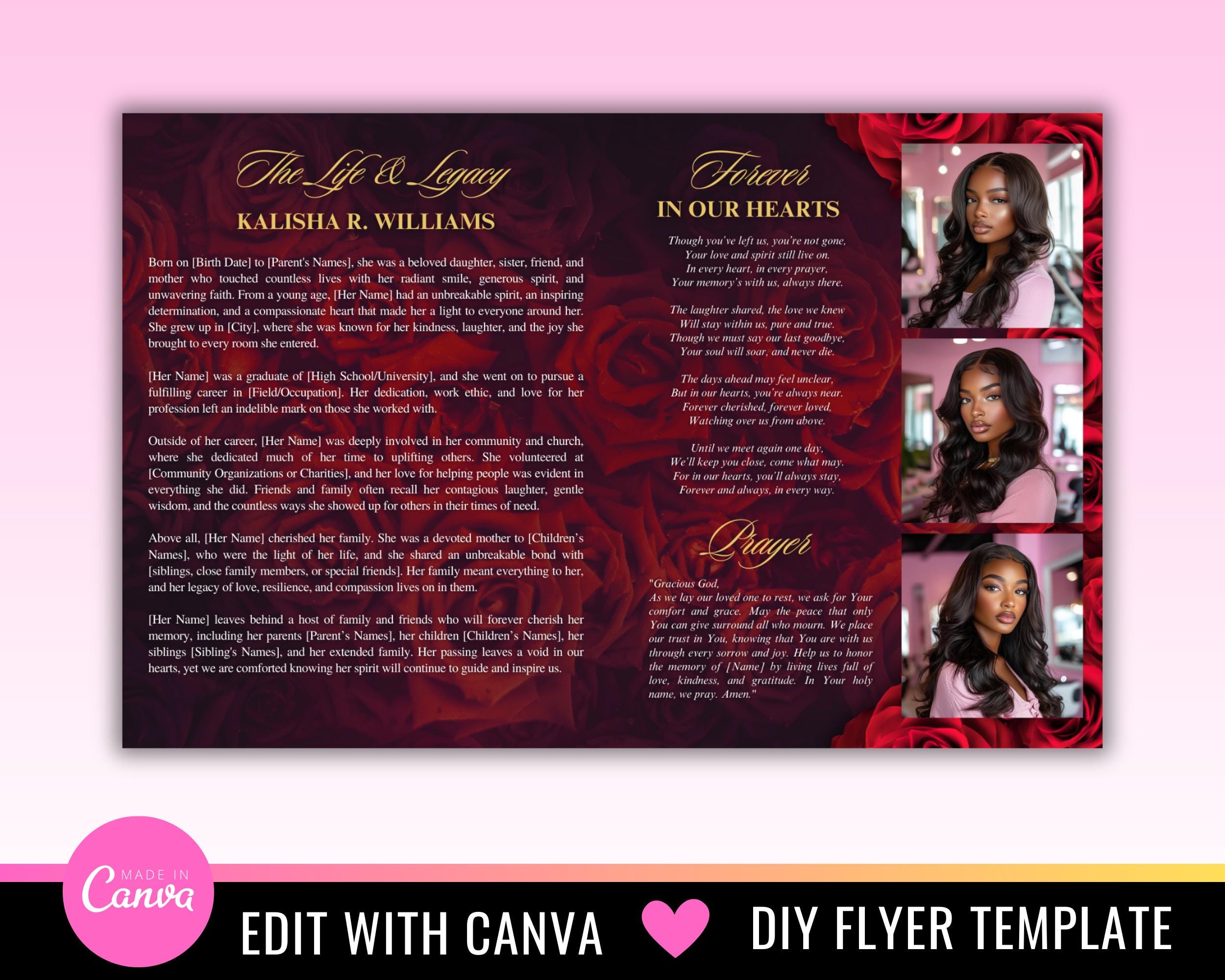 Red Roses Funeral Program Template: Gold Obituary (canva, 17"x11") - Etsy