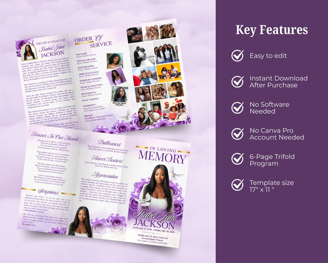Purple Trifold Funeral Program Template: Memorial Order of Service ...