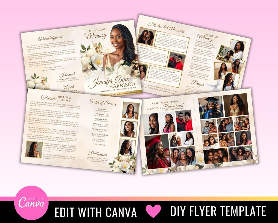Beige Roses Funeral Program Template: 8-page Memorial (canva Template ...