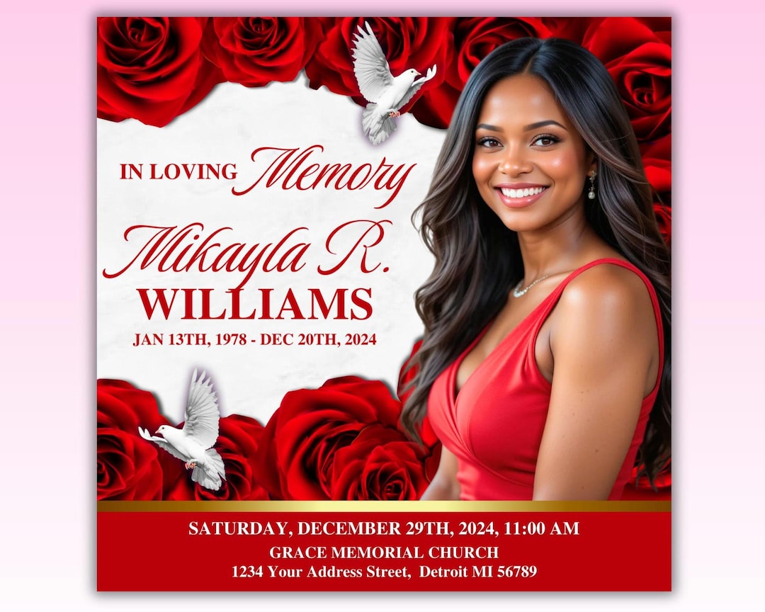 Red Roses Gold Funeral Announcement Flyer, Funeral Invitation, Digital ...