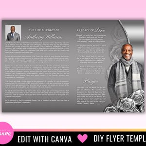 Silver Grey Roses Funeral Program Template: 8-page Memorial Bifold ...