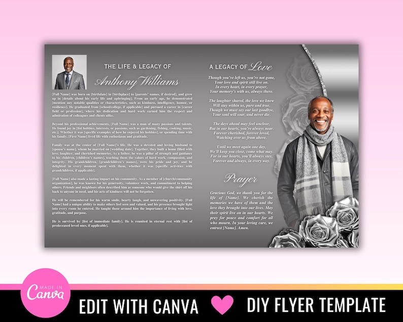Silver Grey Roses Funeral Program Template: 8-page Memorial Bifold ...