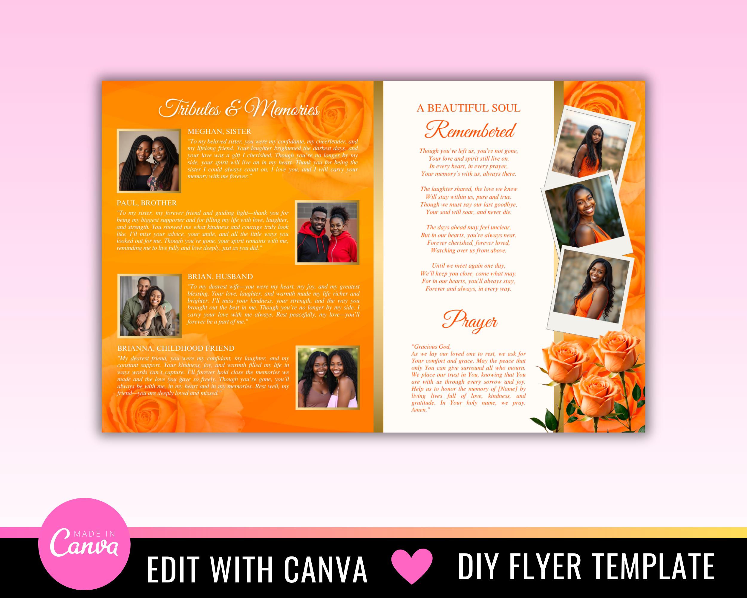 Orange Floral Funeral Program Template, Memorial Bifold (canva) - Etsy