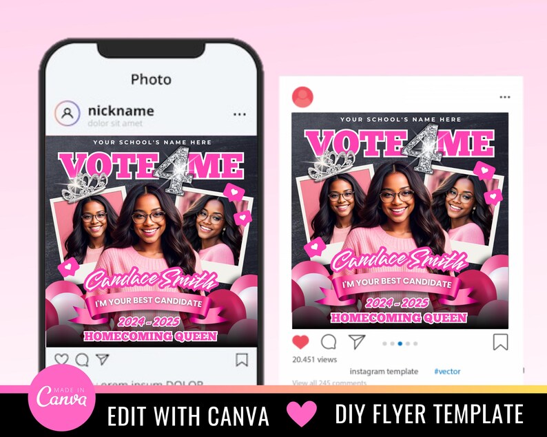 Pink Vote Homecoming Queen Flyer: DIY Canva Template (4x4 Inch) - Etsy