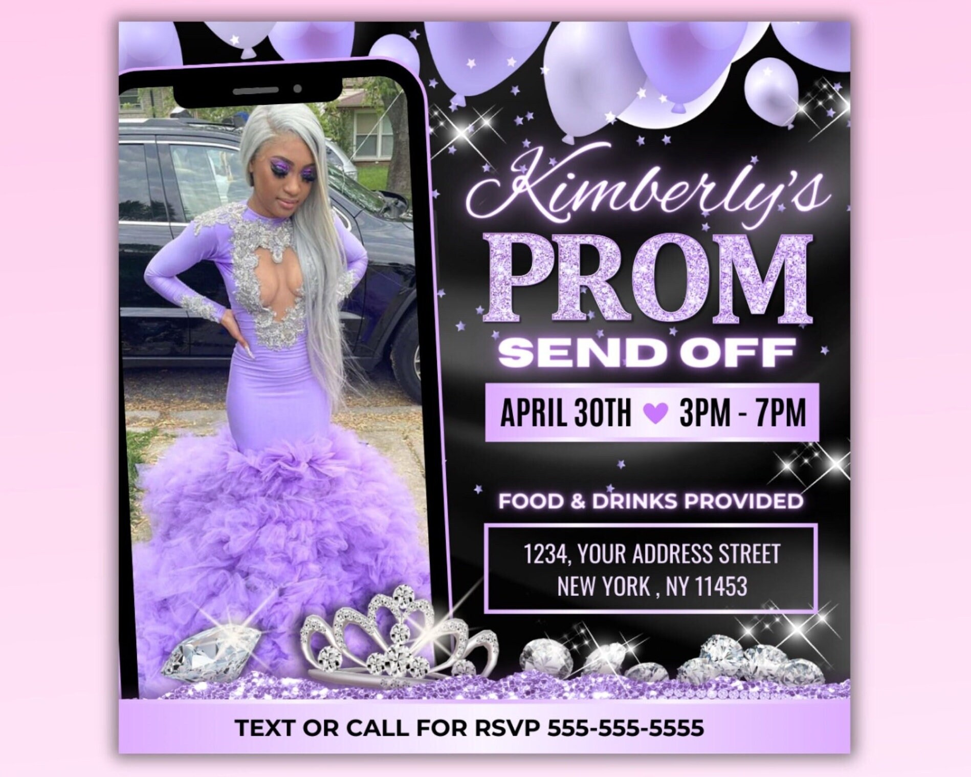 Purple Prom Send off Flyer, Prom Send off Invitation, Prom Party Flyer ...