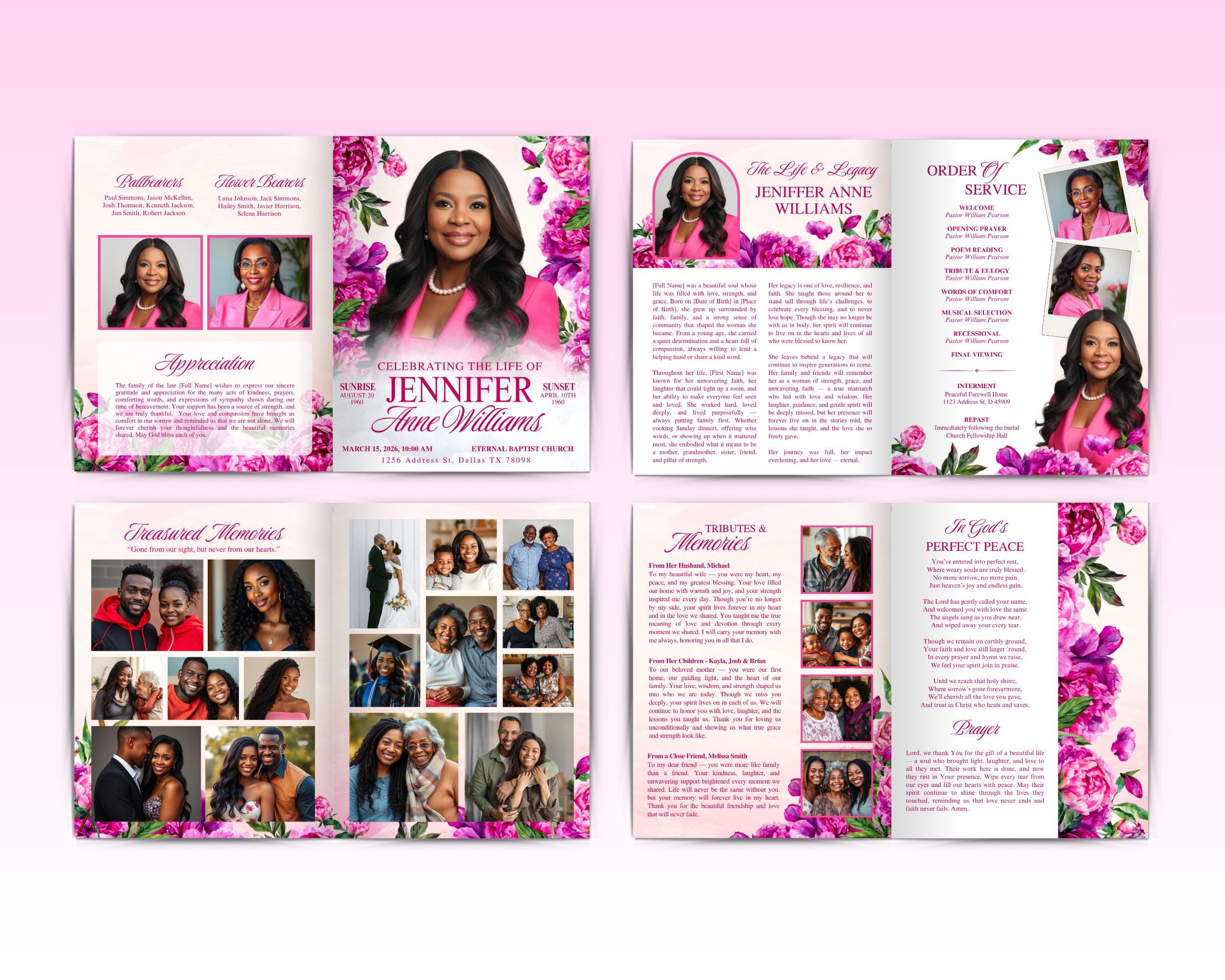 Pink Roses Funeral Program Template: Celebration of Life, Memorial ...