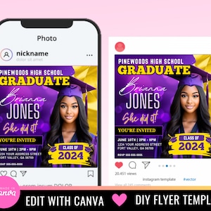 Purple Graduation Party Flyer: Canva Template (digital Download) - Etsy