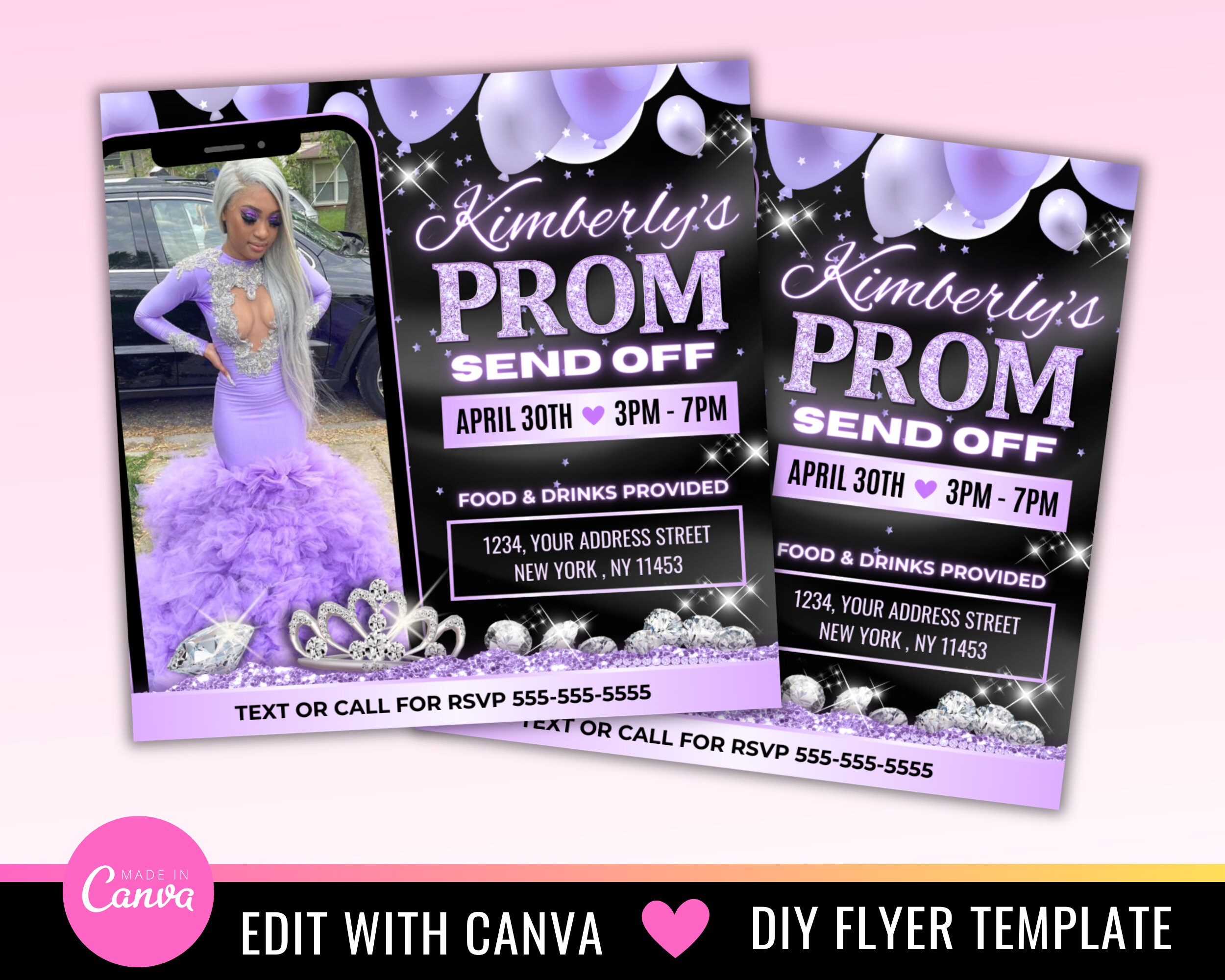 Purple Prom Send off Flyer, Prom Send off Invitation, Prom Party Flyer ...