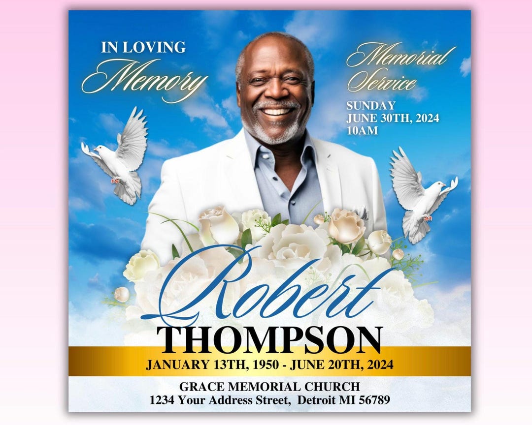 Blue Sky Funeral Announcement Flyer: Memorial Invitation (canva ...