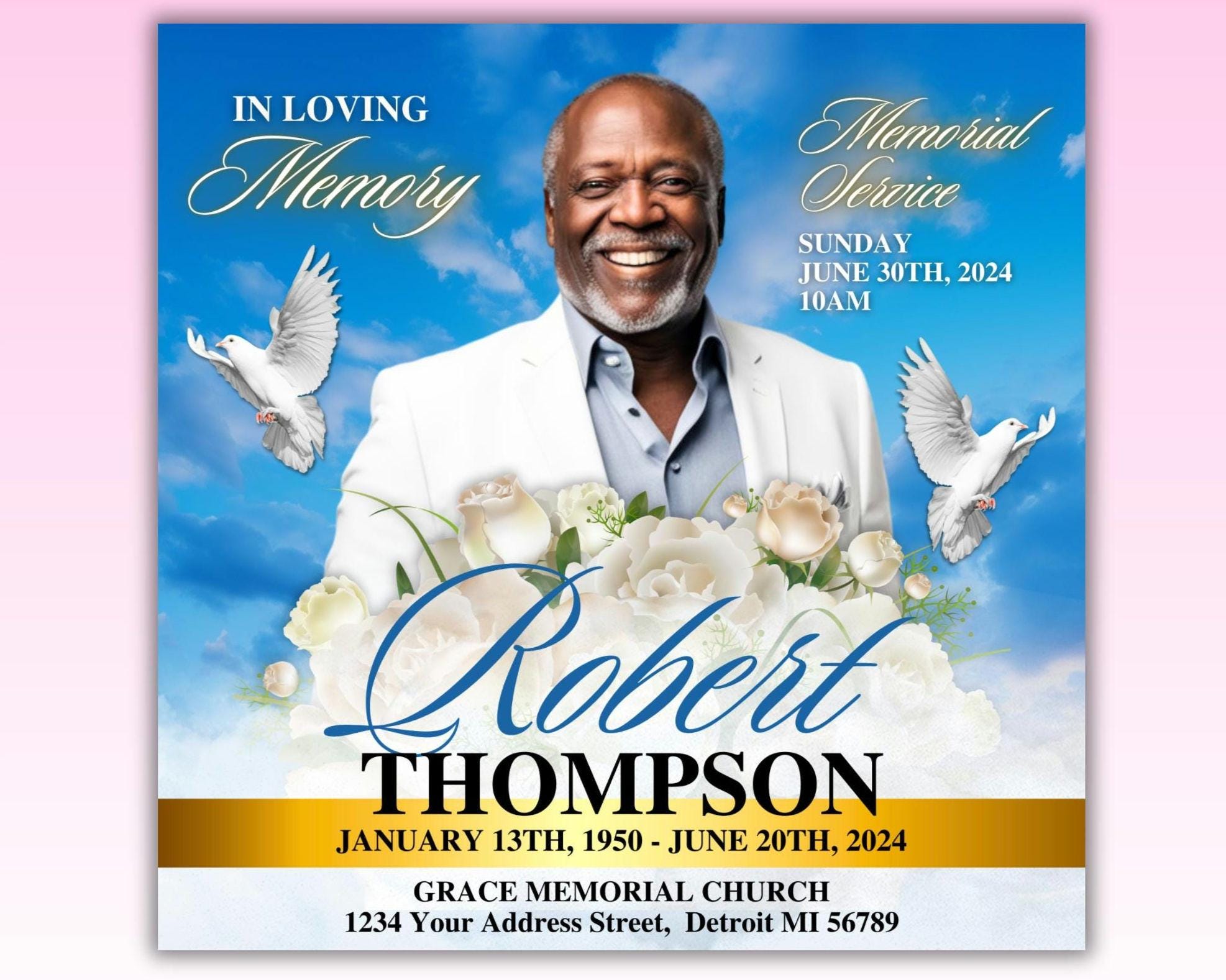 Blue Sky Funeral Announcement Flyer: Memorial Invitation (canva ...
