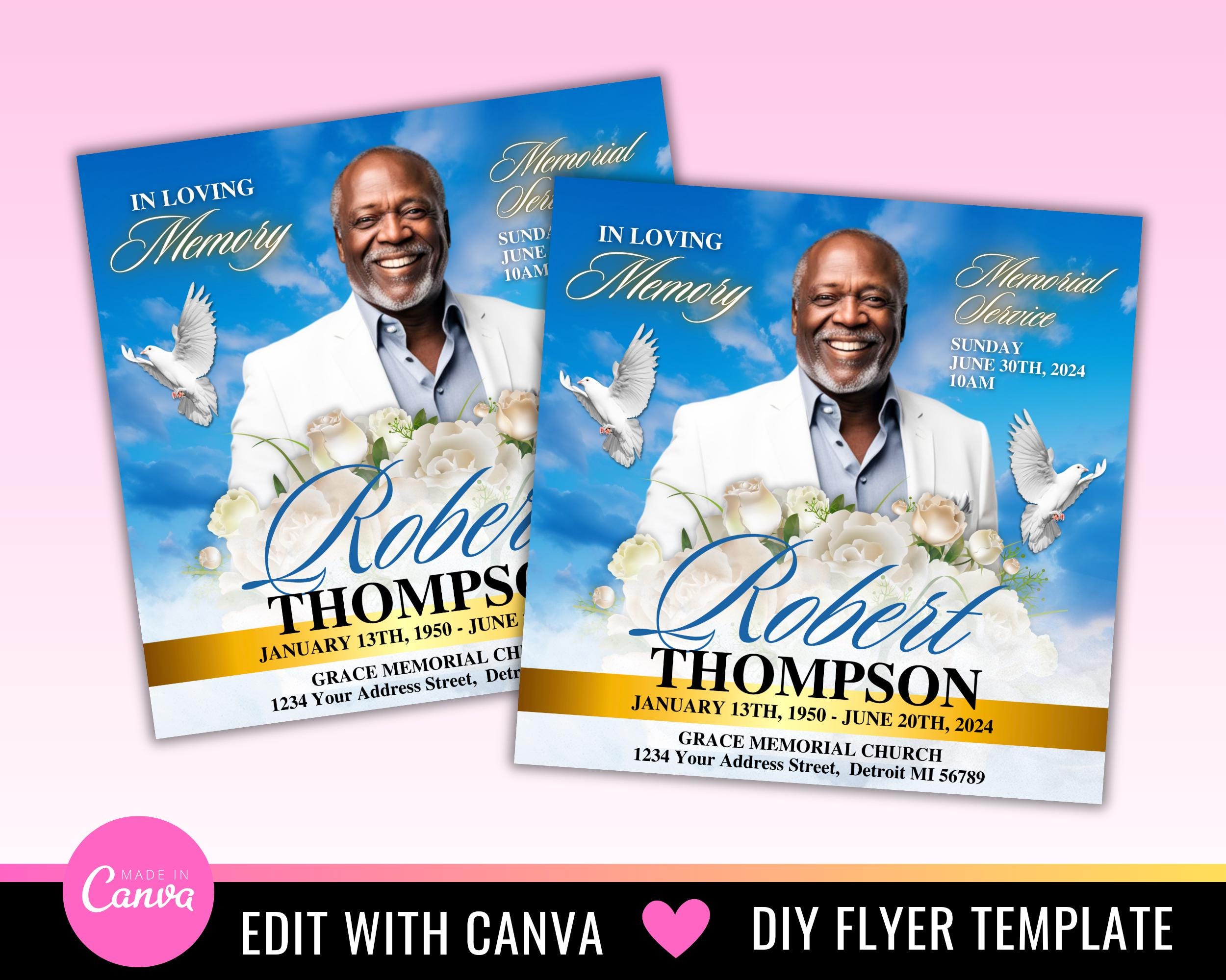 Blue Sky Funeral Announcement Flyer: Memorial Invitation (canva ...