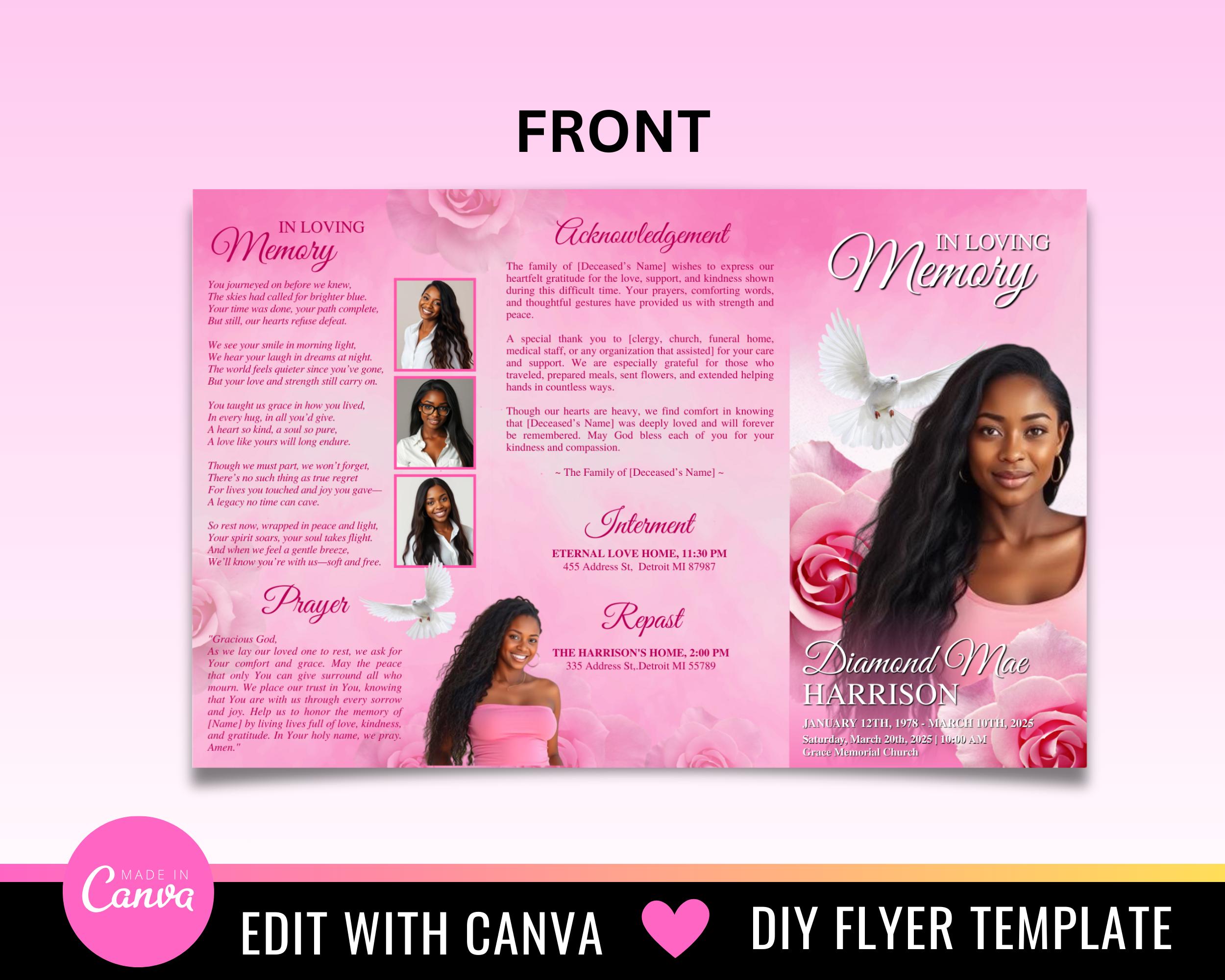 Pink Roses Funeral Program Template, Celebration of Life (canva ...