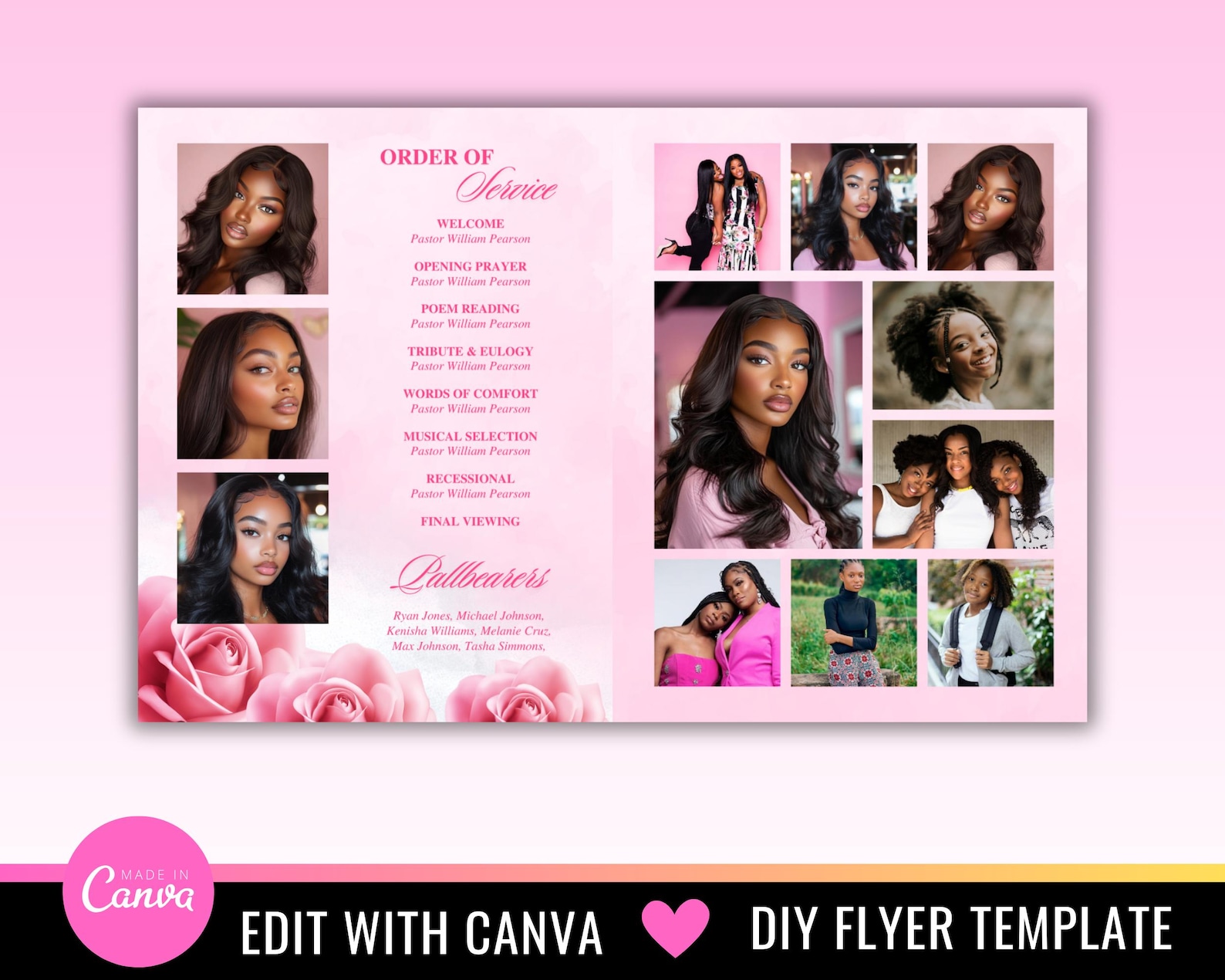 Pink Roses Funeral Program Template: Celebration of Life (canva ...