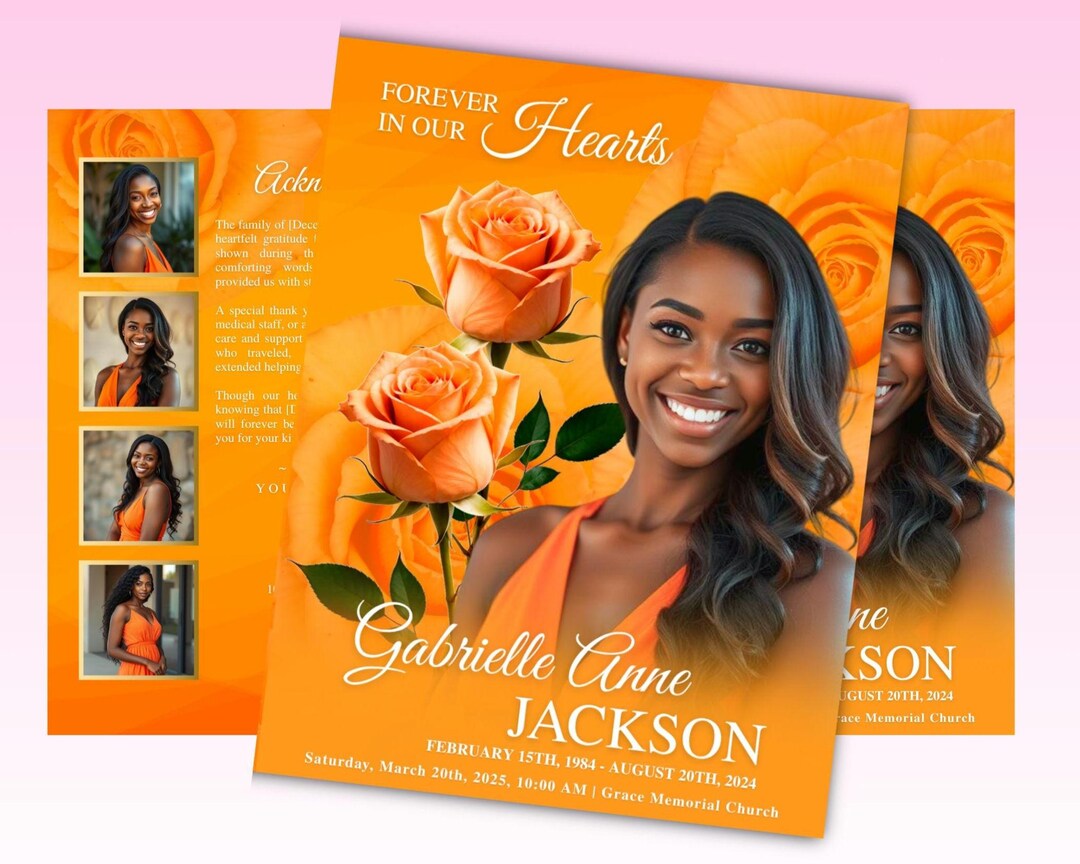 Orange Floral Funeral Program Template, Memorial Bifold (canva) - Etsy