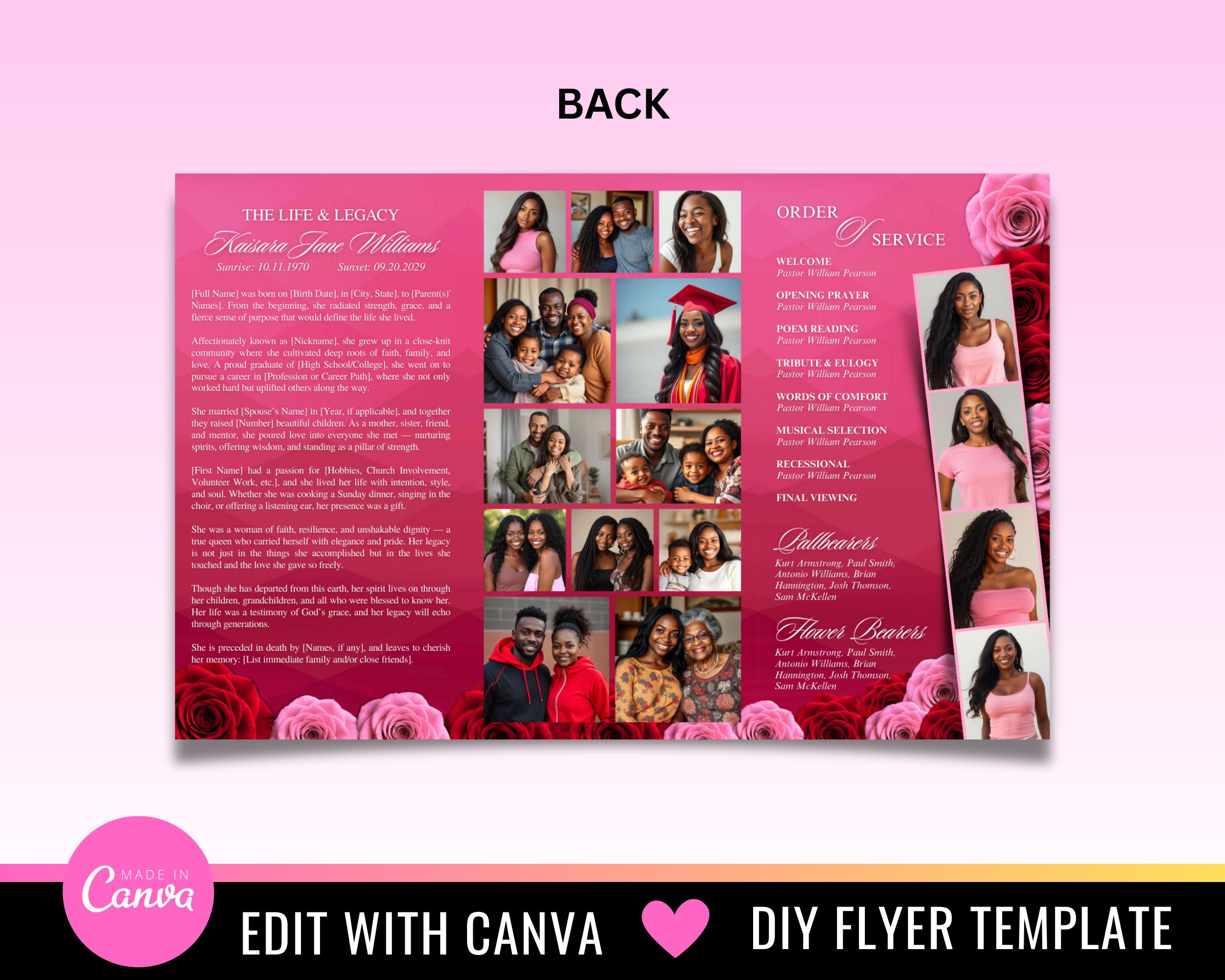 Pink Roses Funeral Program Template, Celebration of Life (canva ...