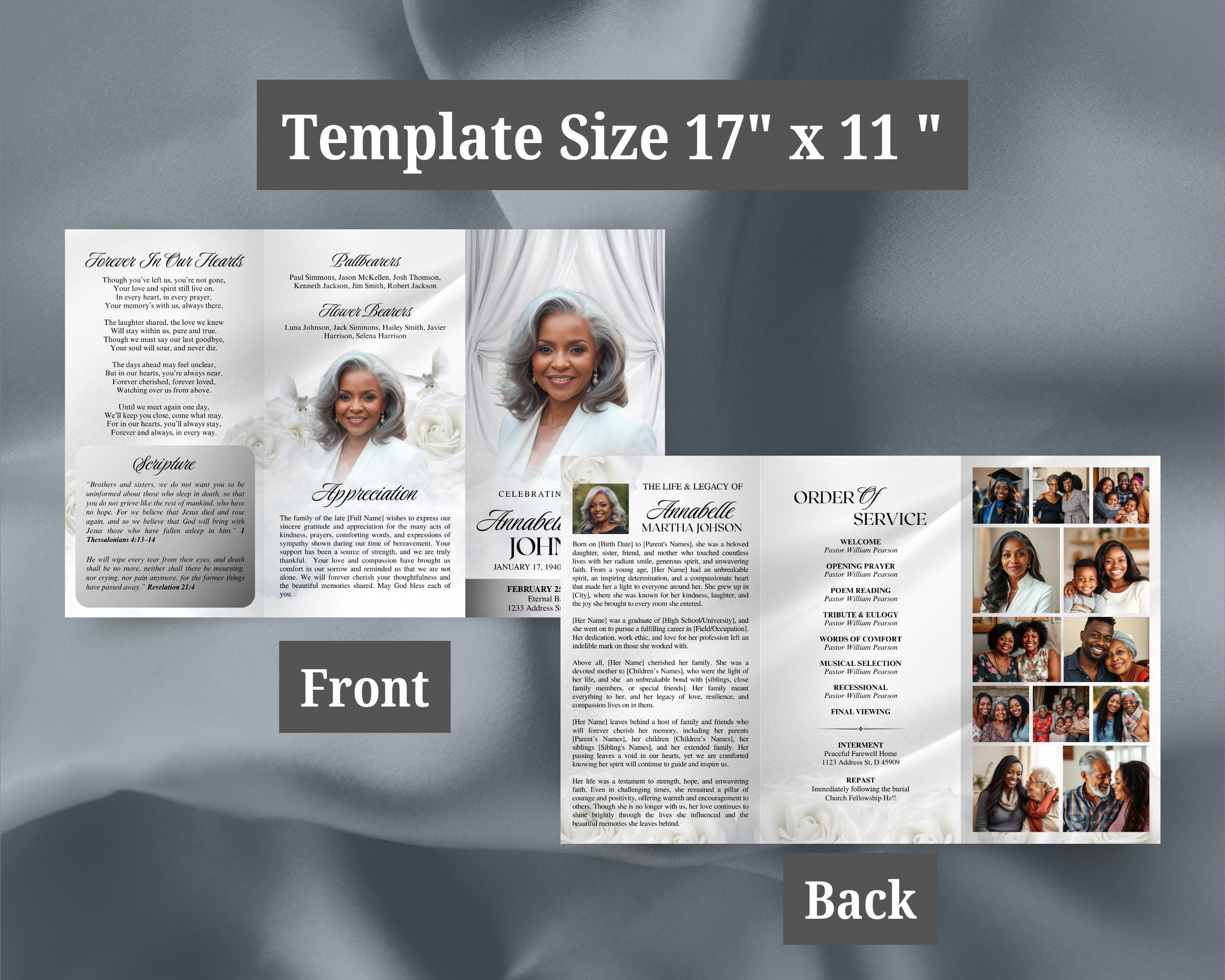 White Roses Trifold Funeral Program Template, Silver Accents, DIY Canva ...