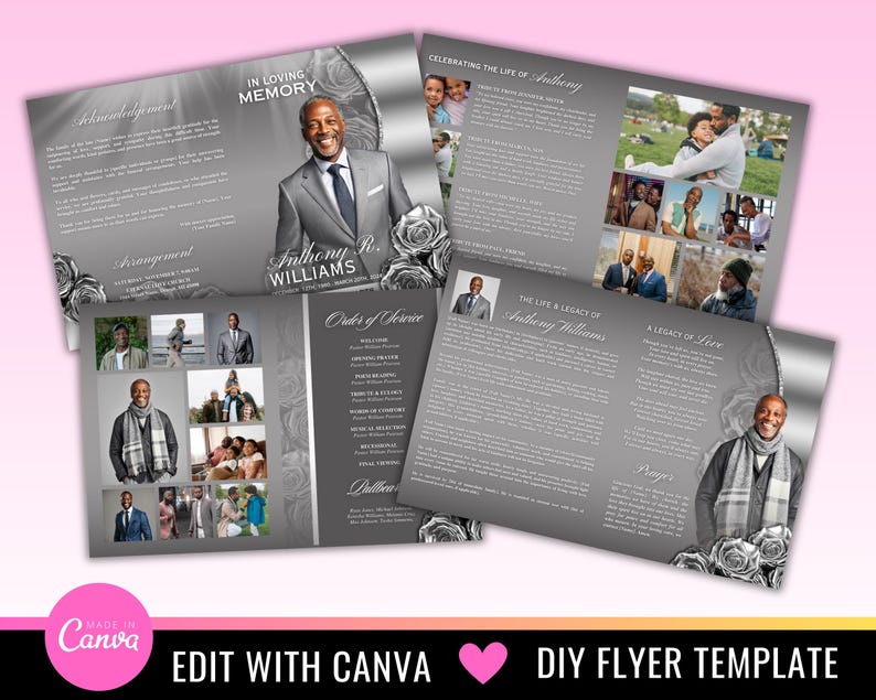 Silver Grey Roses Funeral Program Template: 8-page Memorial Bifold ...