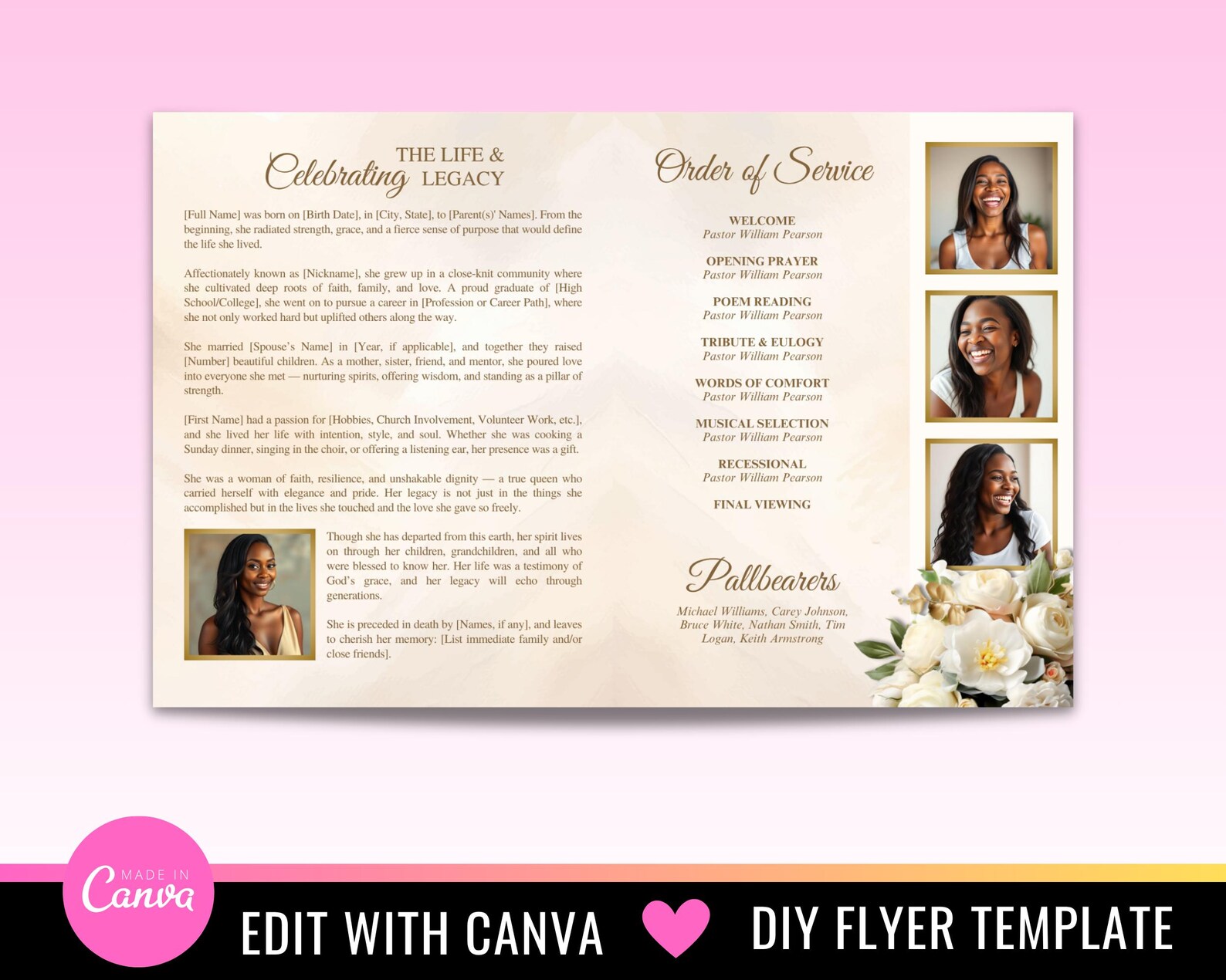 Beige Roses Funeral Program Template: 8-page Memorial (canva Template ...