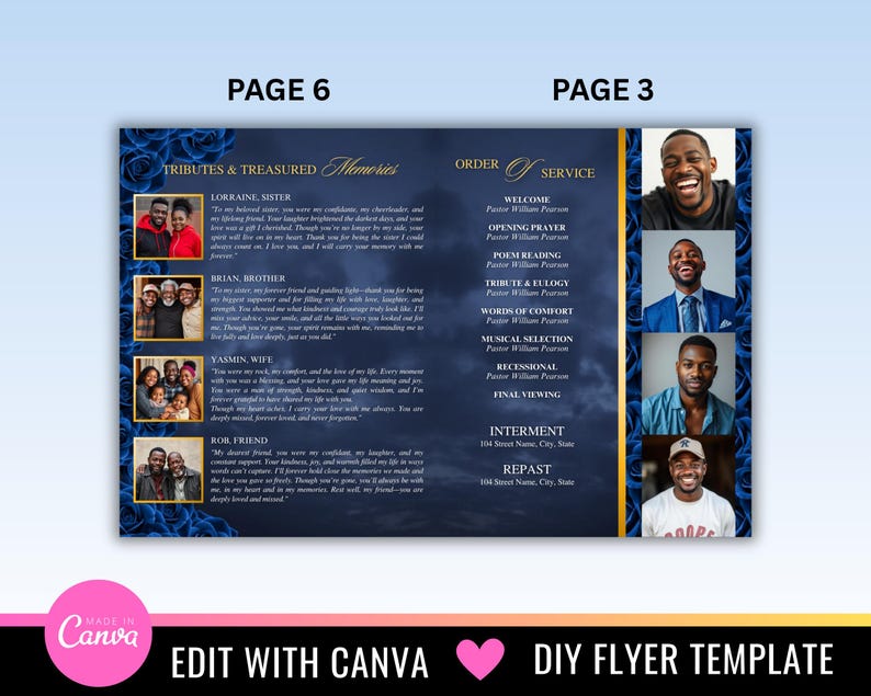 Navy Blue & Gold Funeral Program Template: 8-page Memorial (canva ...
