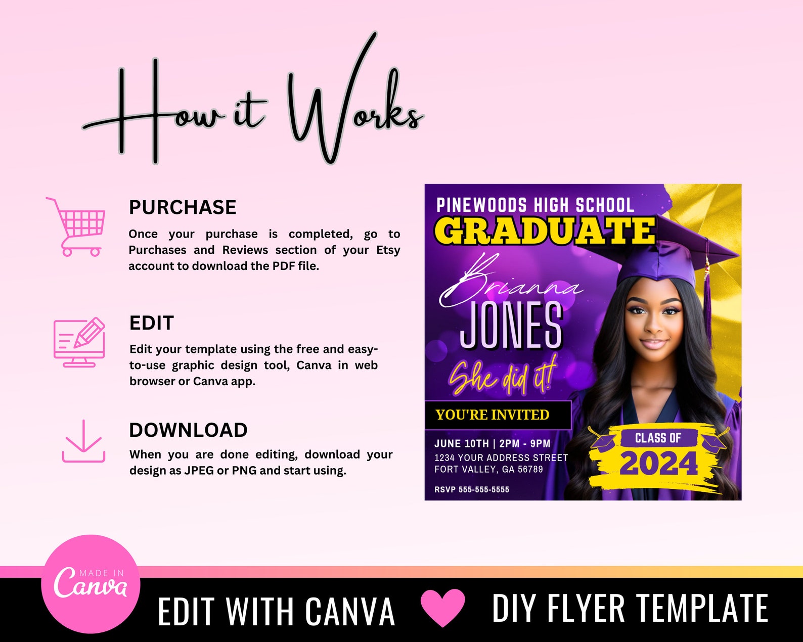 Purple Graduation Party Flyer: Canva Template (digital Download) - Etsy