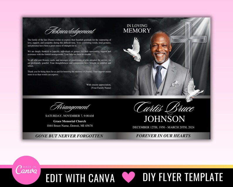 Black & Silver Cross Funeral Program Template (canva, 8 Pages, 17 X 11 ...