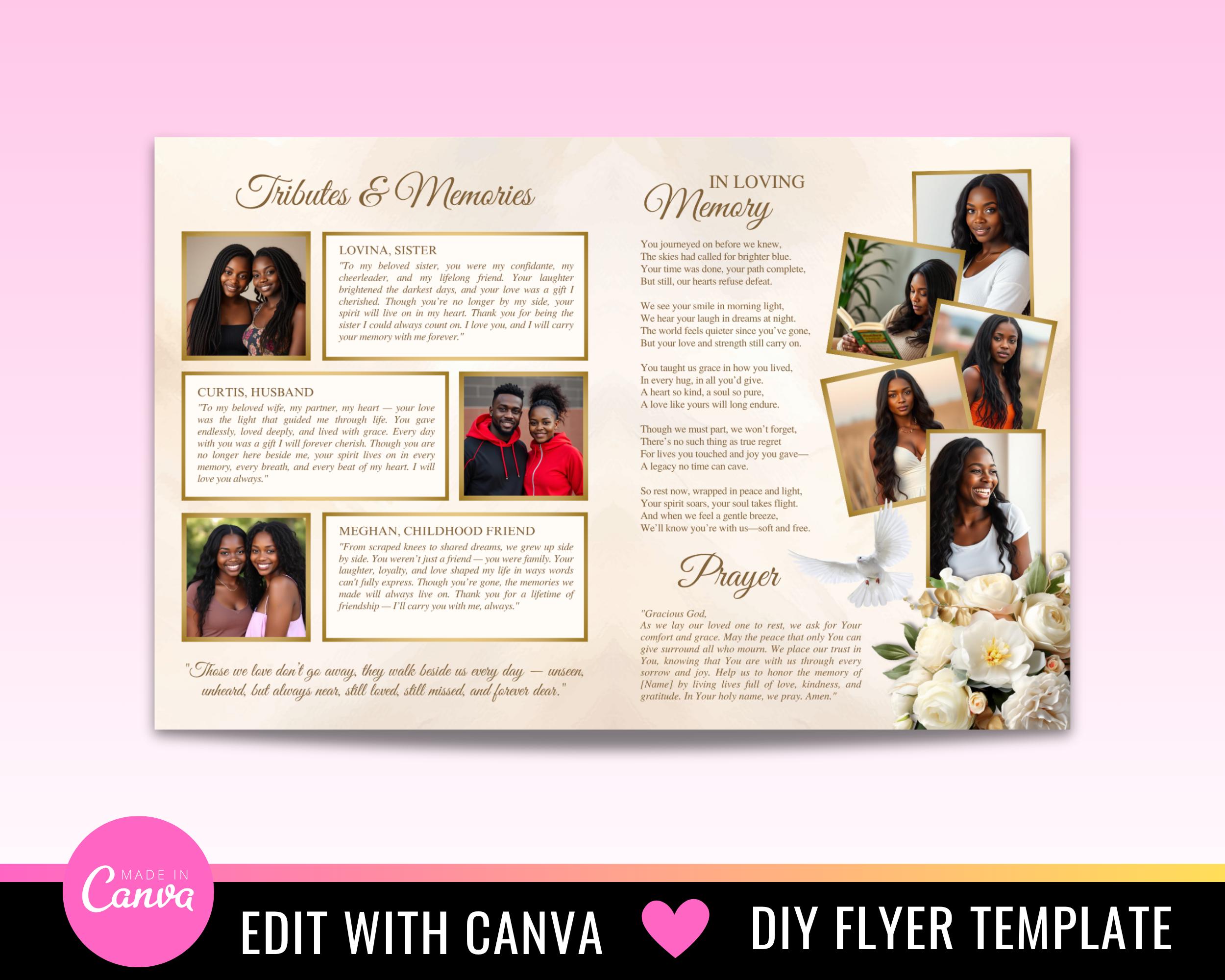 Beige Roses Funeral Program Template: 8-page Memorial (canva Template ...