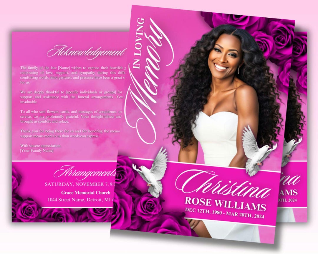 Pink Roses Funeral Program Template: 8-page Celebration of Life Bifold ...