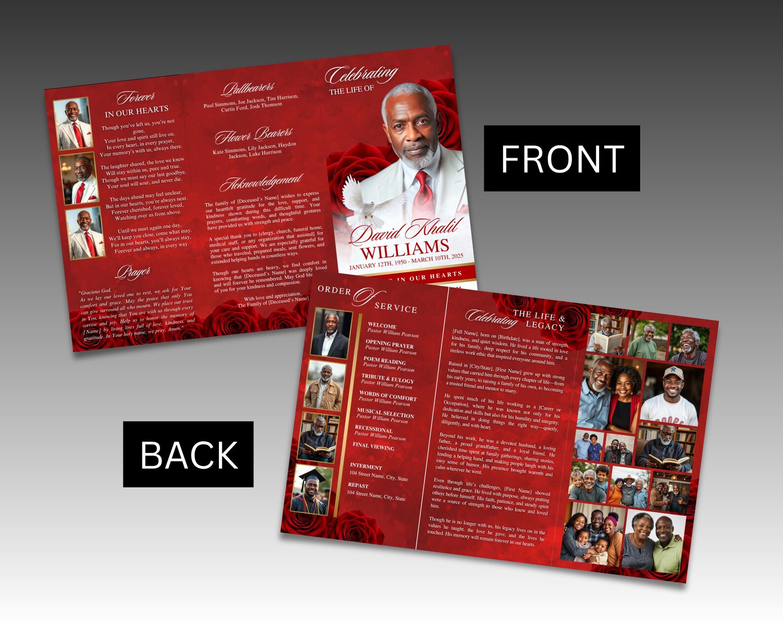 Red Roses Funeral Program Template: Celebration of Life (canva, 17x11 ...