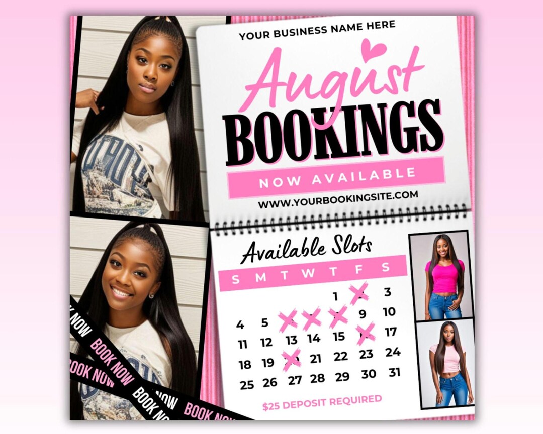 Pink August Booking Flyer, August Calendar, August Books Open, Book Now ...