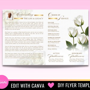 White Roses Funeral Program Template: Gold Accents (canva, 17x11" Bi ...