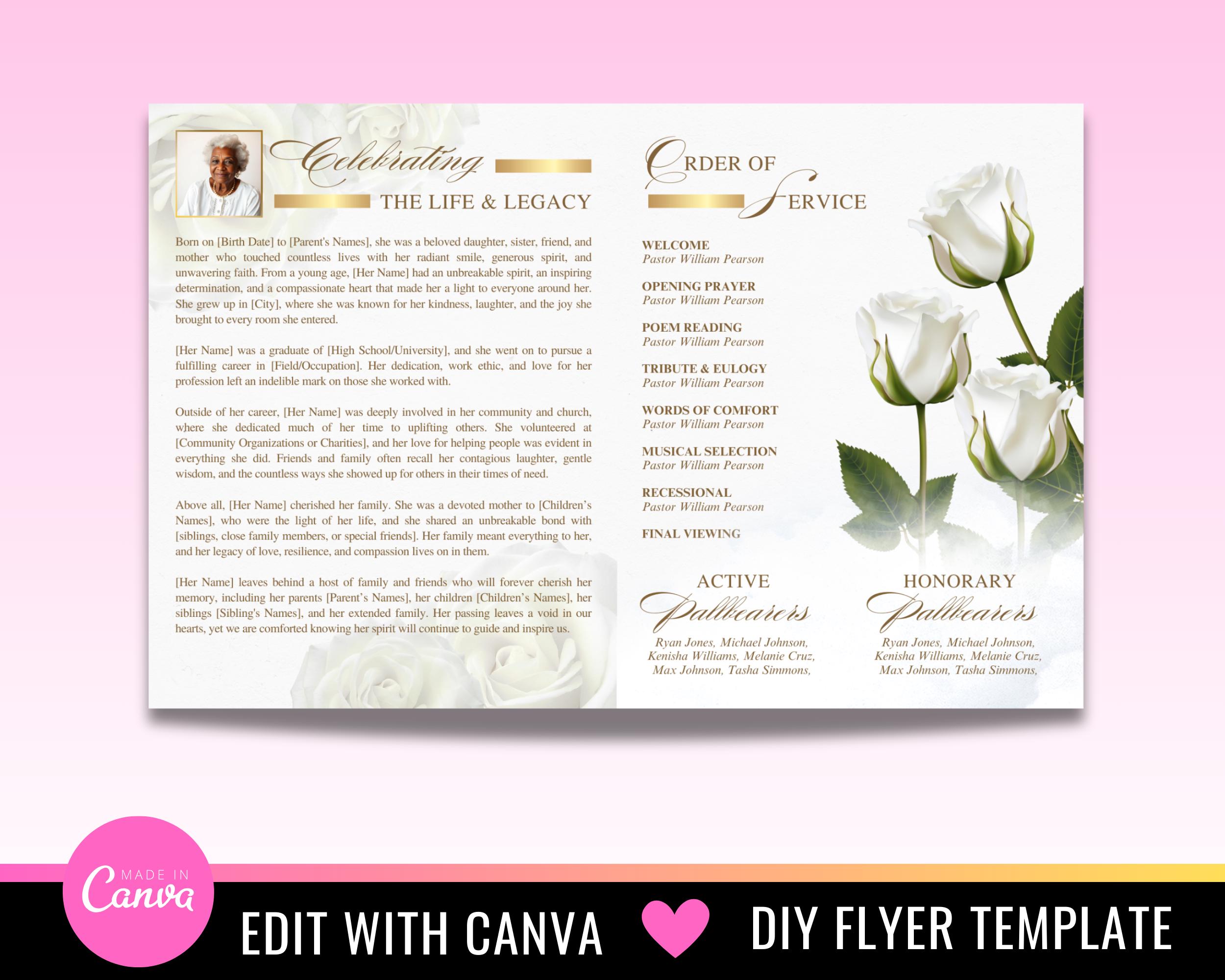 White Roses Funeral Program Template: Gold Accents (canva, 17x11" Bi ...