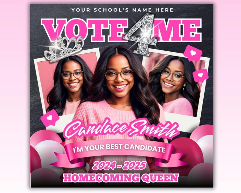 Pink Vote Homecoming Queen Flyer: DIY Canva Template (4x4 Inch) - Etsy