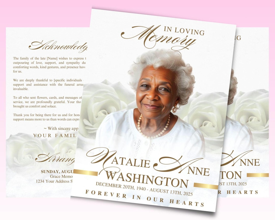 White Roses Funeral Program Template: Gold Accents (canva, 17x11" Bi ...