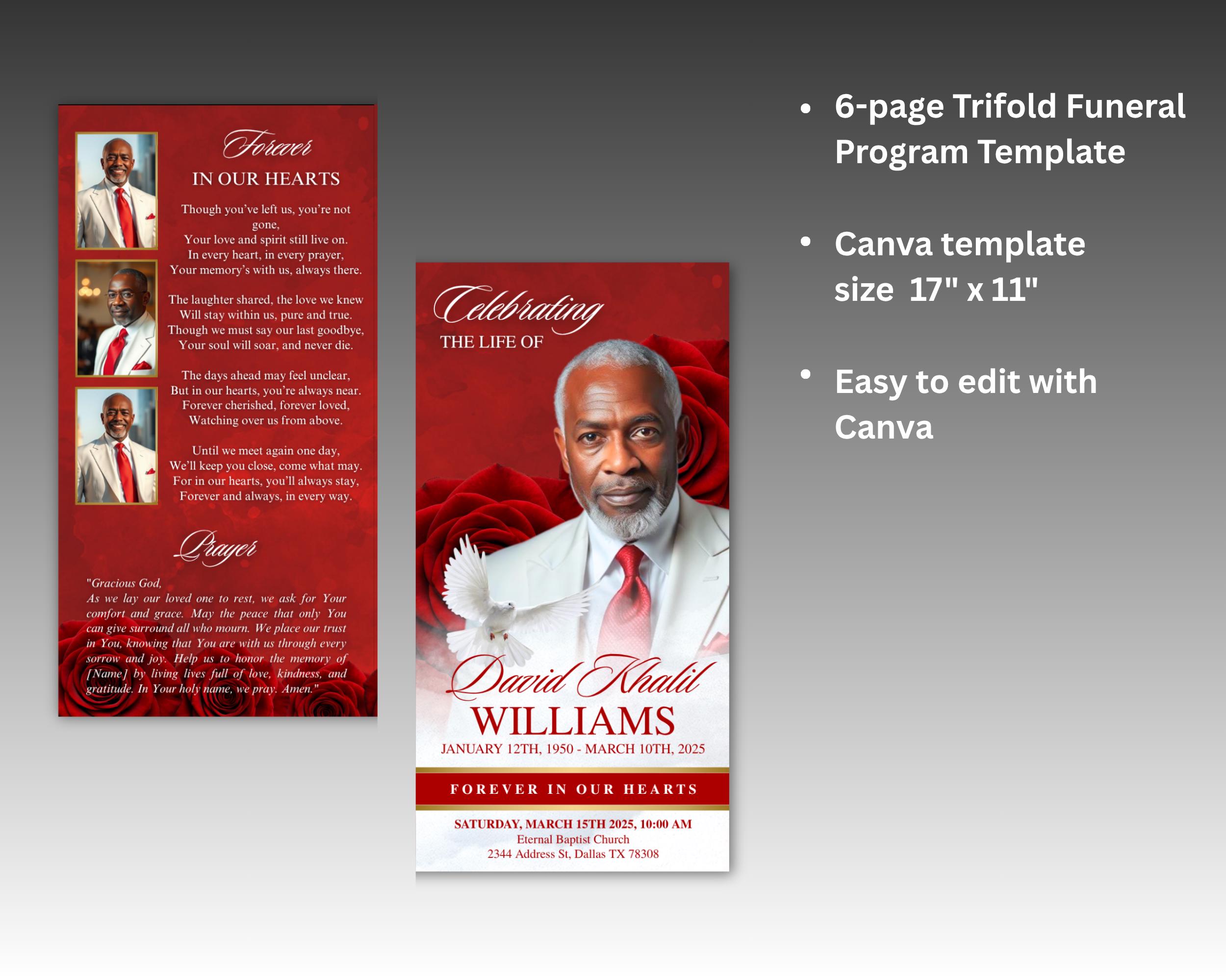Red Roses Funeral Program Template: Celebration of Life (canva, 17x11 ...