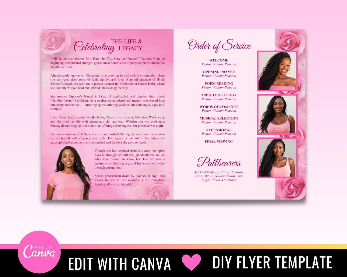 Pink Roses Funeral Program Template: 8-page Memorial (canva Template ...