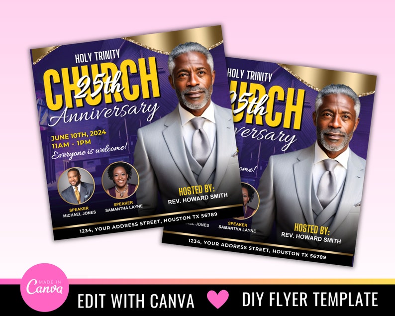 Purple Gold Church Anniversary Flyer: DIY Canva Template (4x4 Inch) - Etsy
