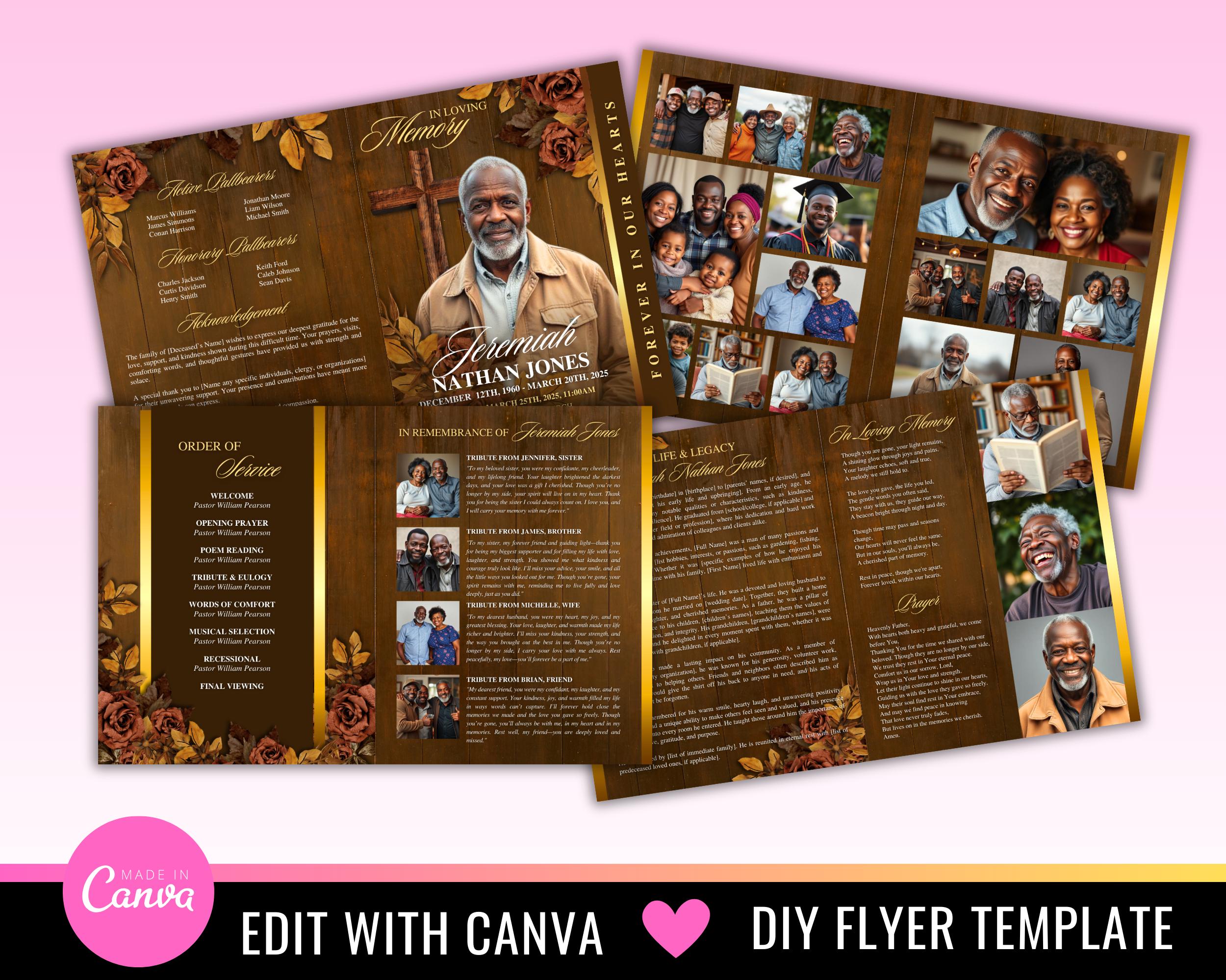 Rustic Brown Floral Funeral Program Template: Celebration of Life ...